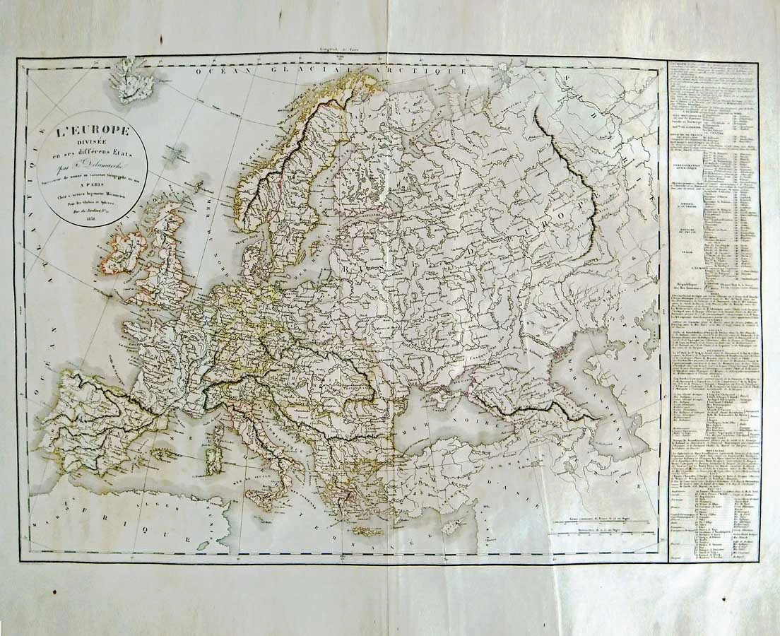 Antique Map European Continent–Copper Engraving- Delamarche 1838