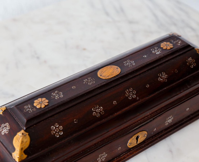 British Colonial Rosewood Pen Box with Silver Inlay - The Past Perfect ...