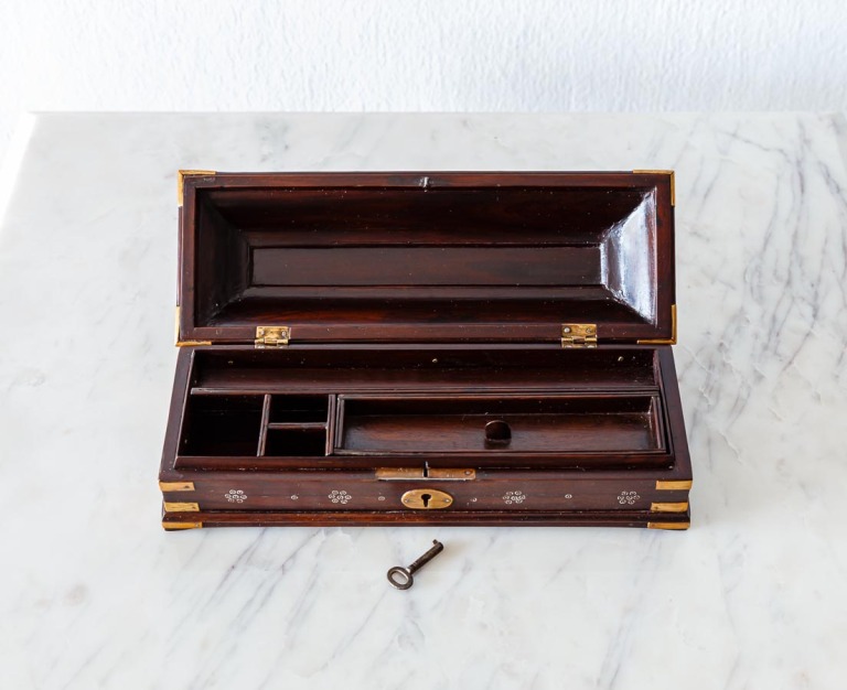 British Colonial Rosewood Pen Box with Silver Inlay - The Past Perfect ...