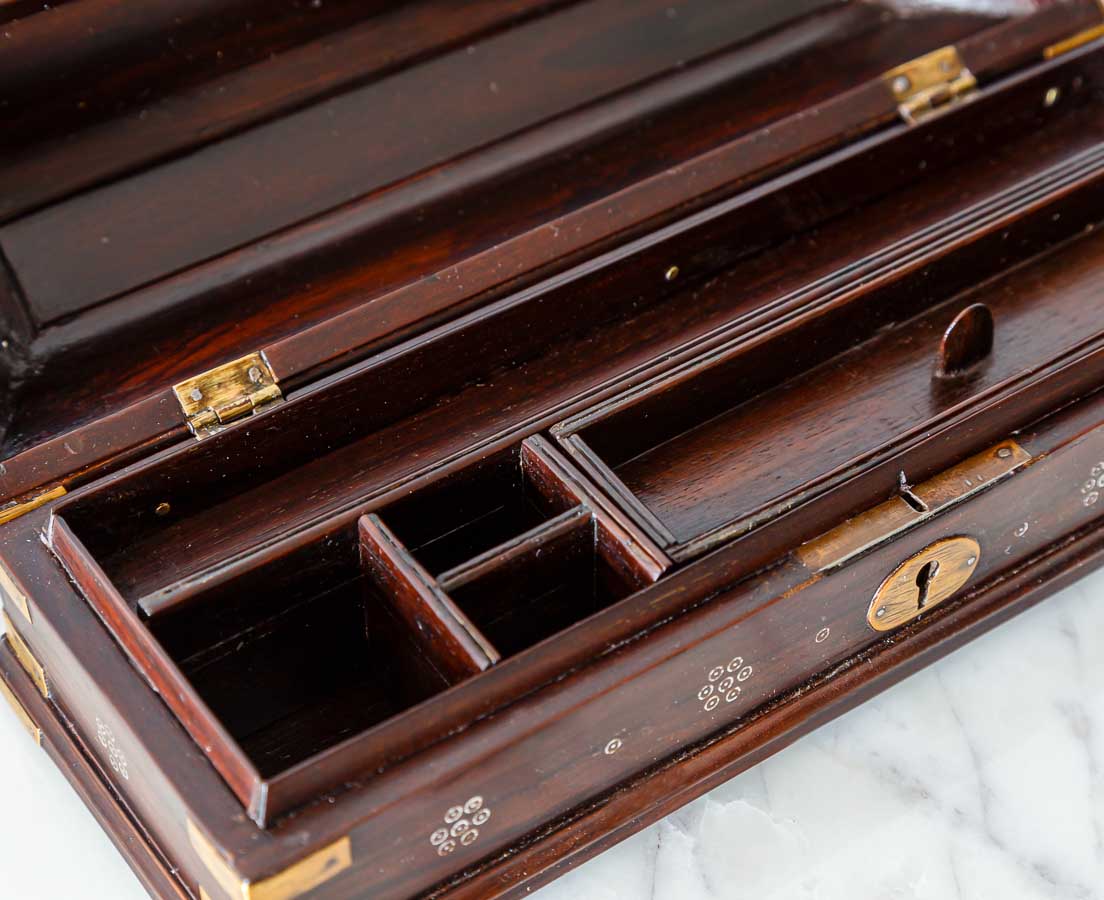 British Colonial Rosewood Pen Box with Silver Inlay - The Past Perfect ...